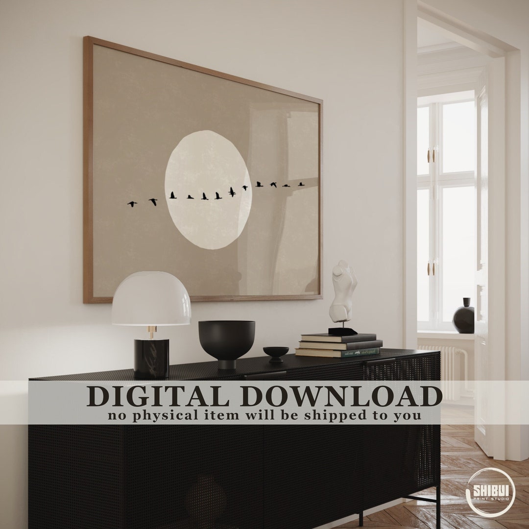 Neutral Beige Art Print With Flock of Geese Sun, Neutral Horizontal ...