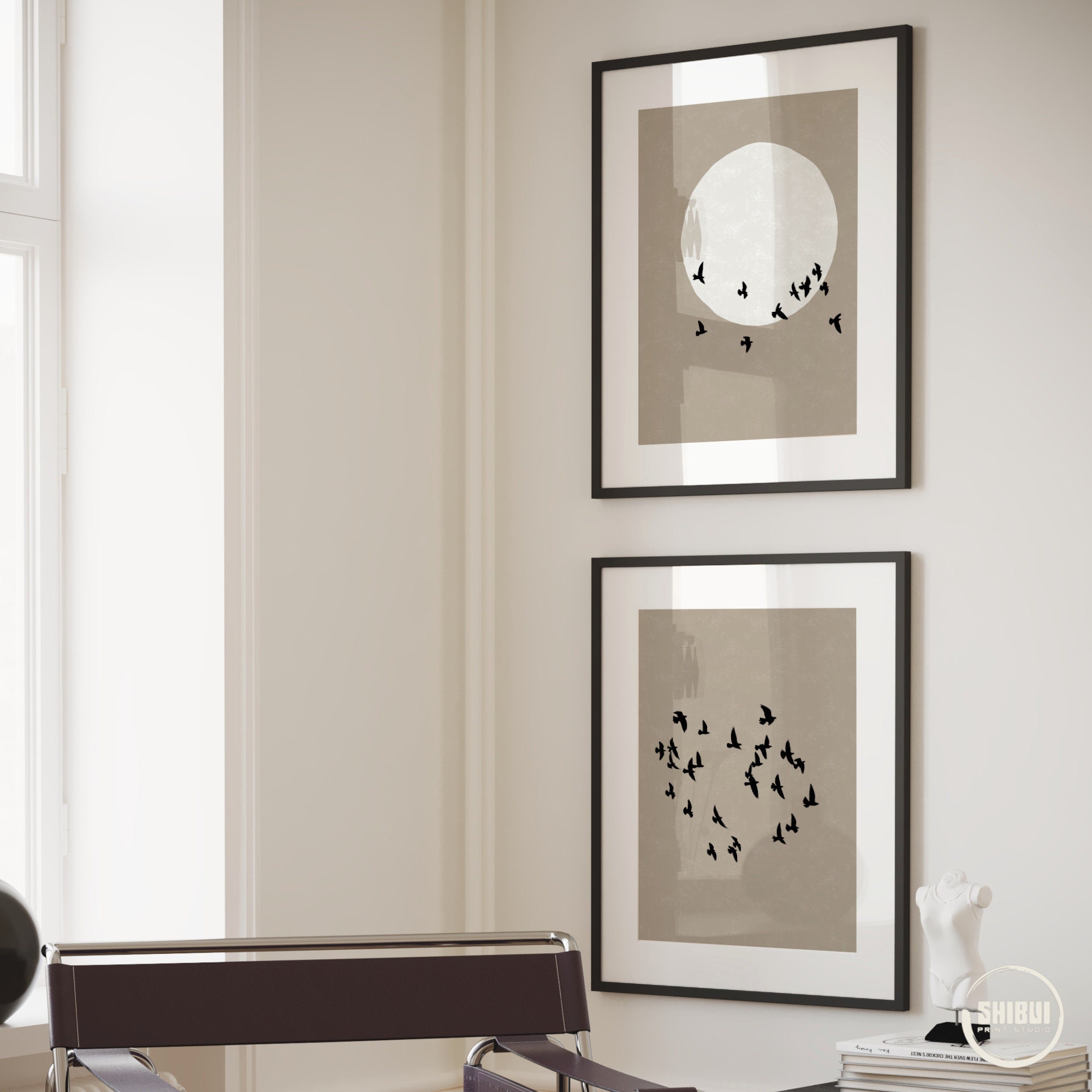 Neutral Beige Flock of Birds Set of 2 Wall Art, Japandi Sun Diptych ...