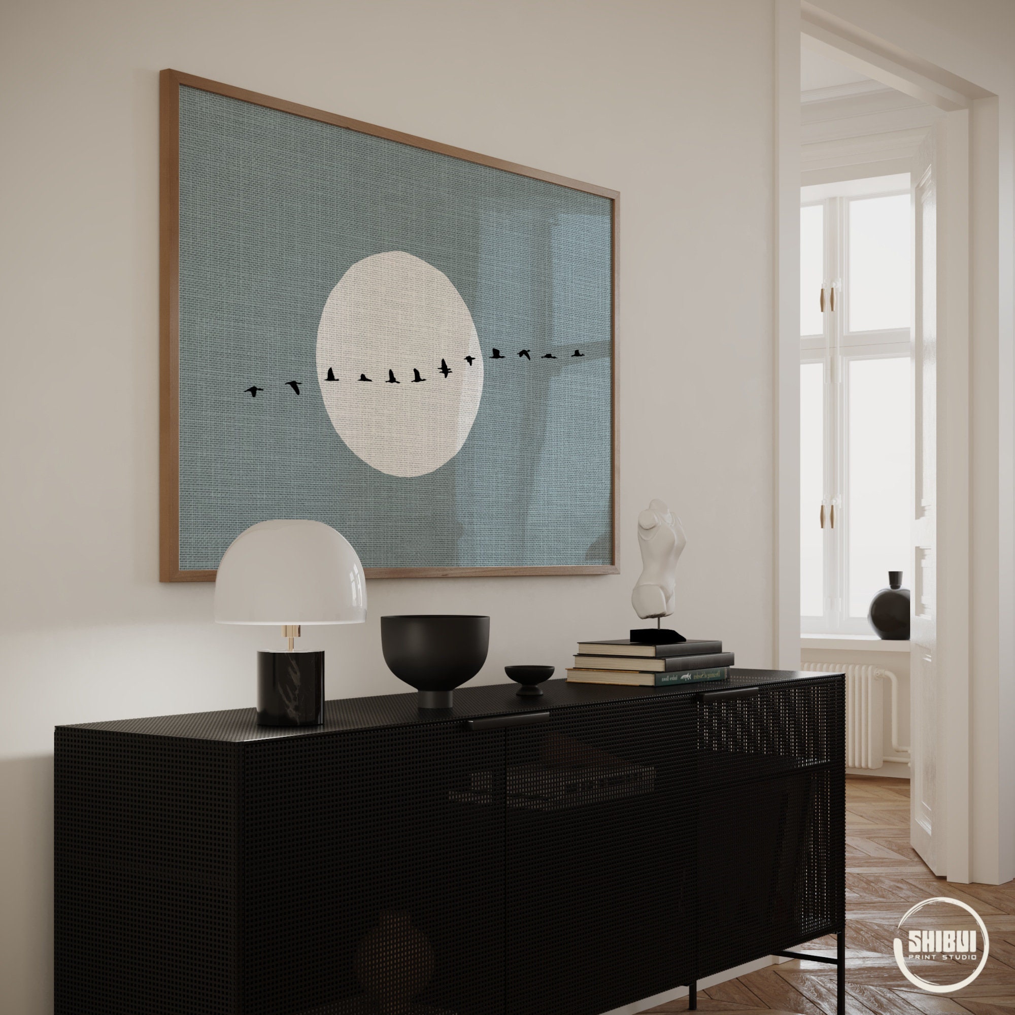 Flock of Birds Full Moon Blue Wall Art, Minimalistic Nordic ...