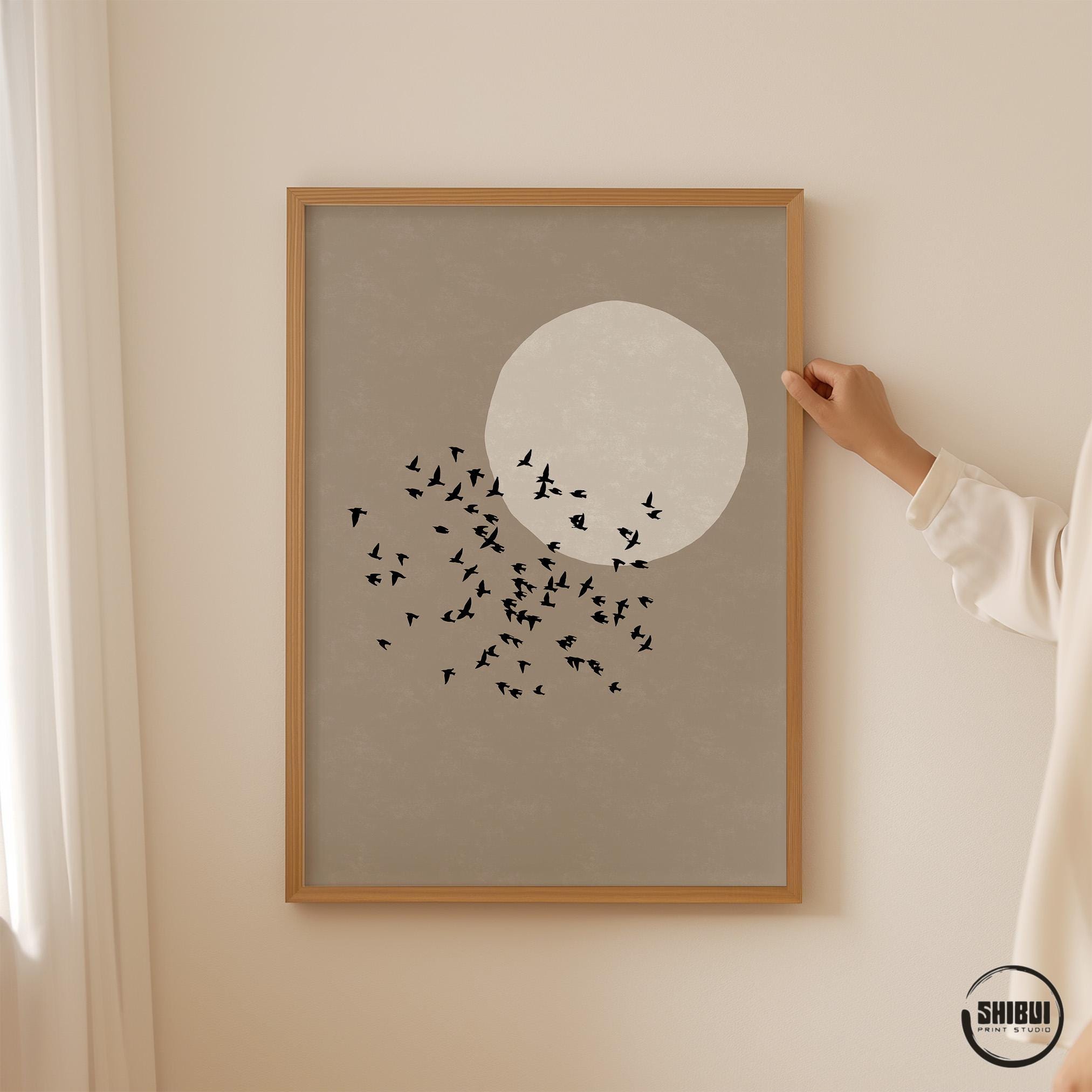 Neutral Colors Flock of Birds Japandi Wall Art, Birds Silhouette Moon ...