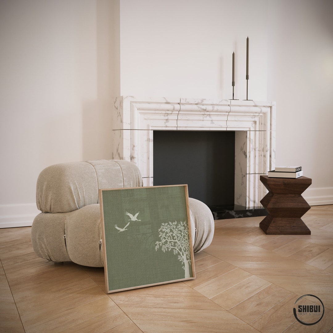Calming Green Square Wall Art, Abstract Crane Birds Tree Linen Art ...