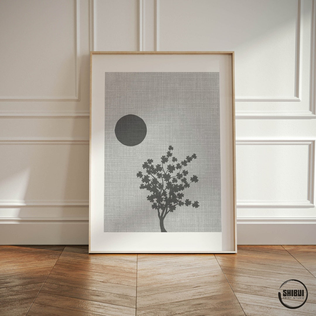 Japandi Hygge Tree Poster, Silver Gray Cherry Blossoms Sun Minimalistic ...