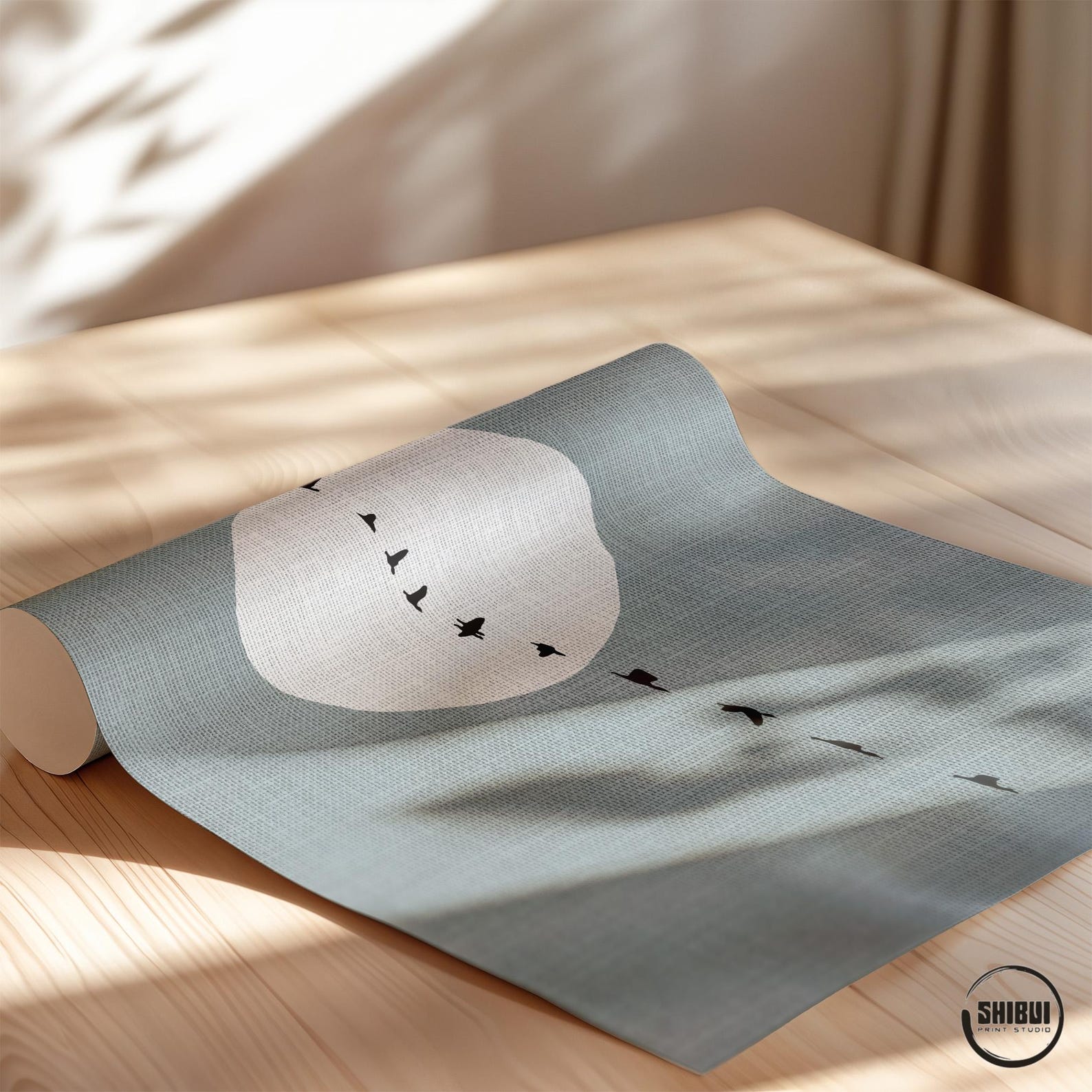 Flock of Birds Full Moon Blue Wall Art, Minimalistic Nordic ...