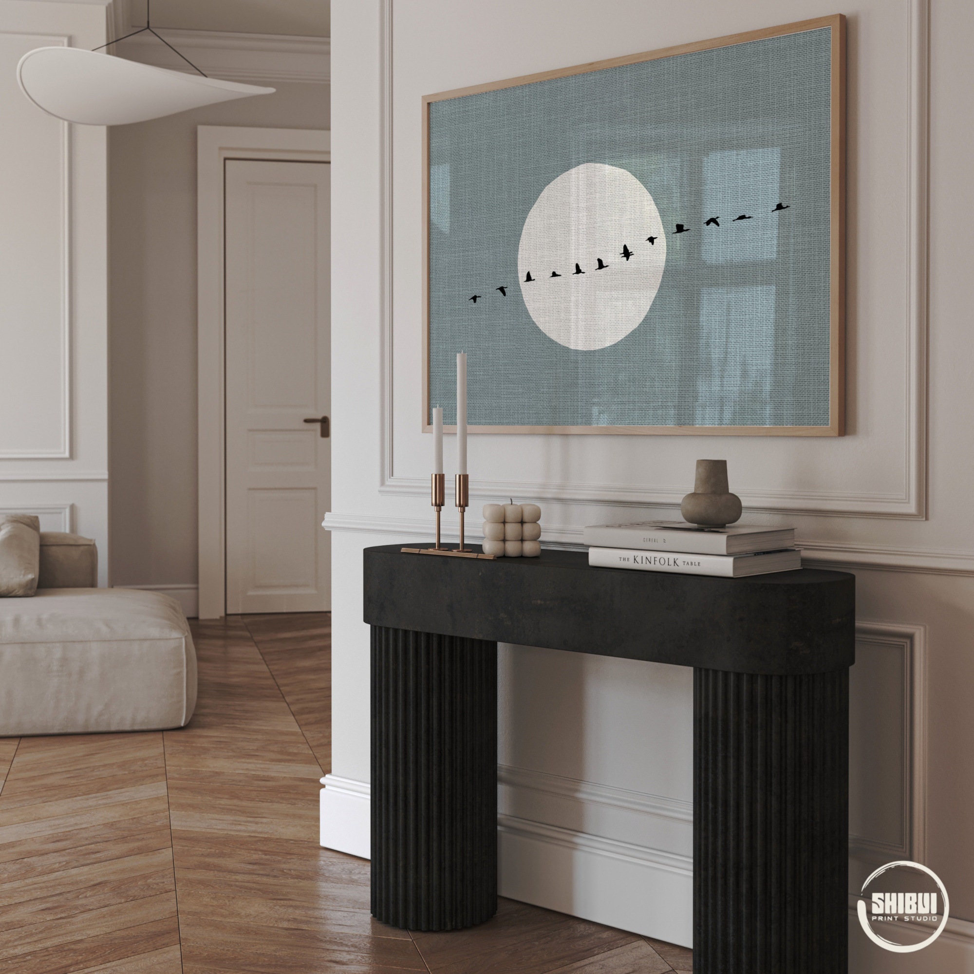 Flock of Birds Full Moon Blue Wall Art, Minimalistic Nordic ...