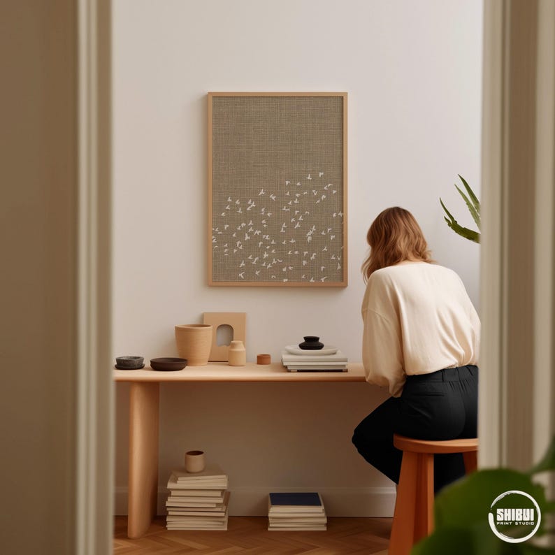 Taupe Beige Japandi Wall Art, Neutral Japanese Poster With Flock of ...