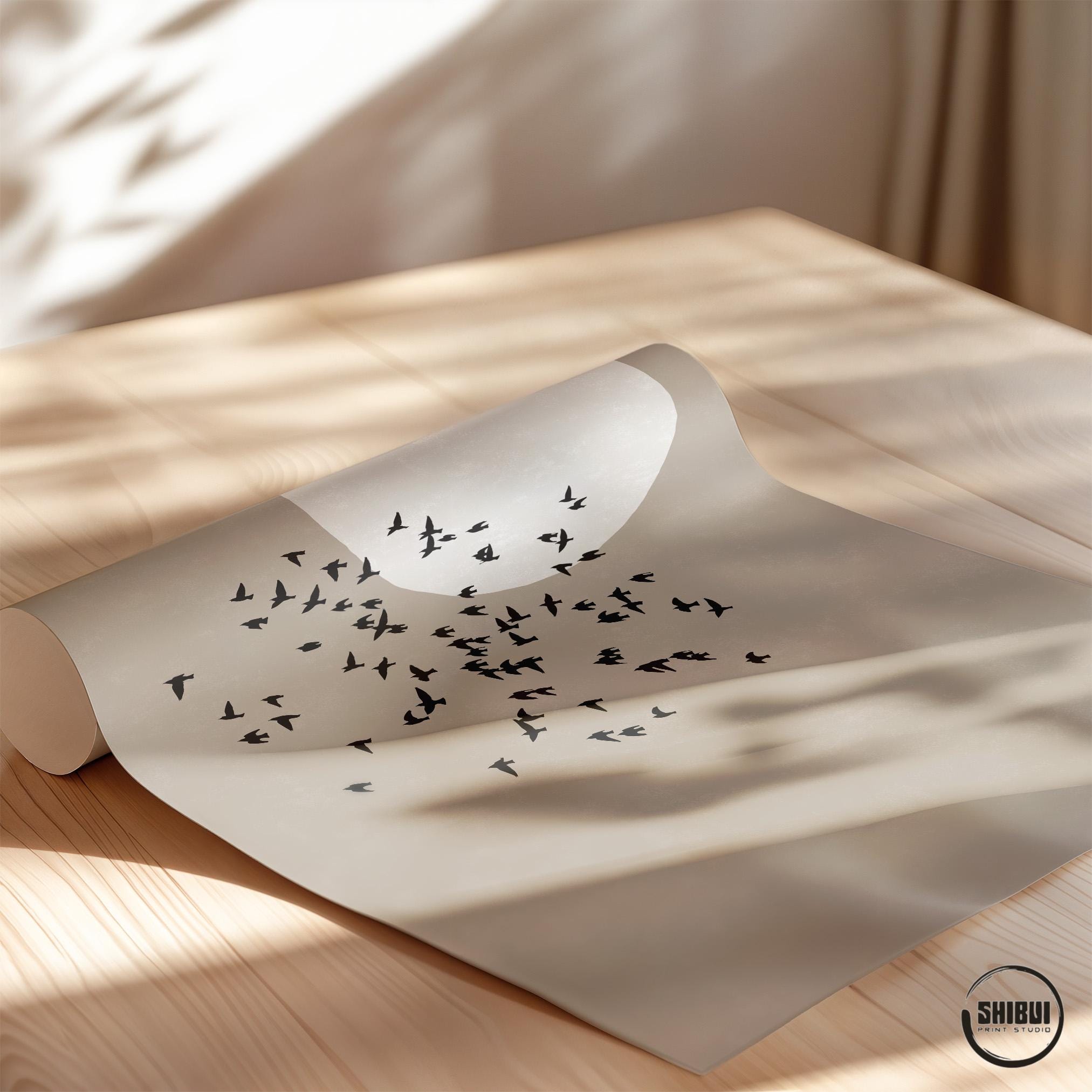 Neutral Colors Flock of Birds Japandi Wall Art, Birds Silhouette Moon ...