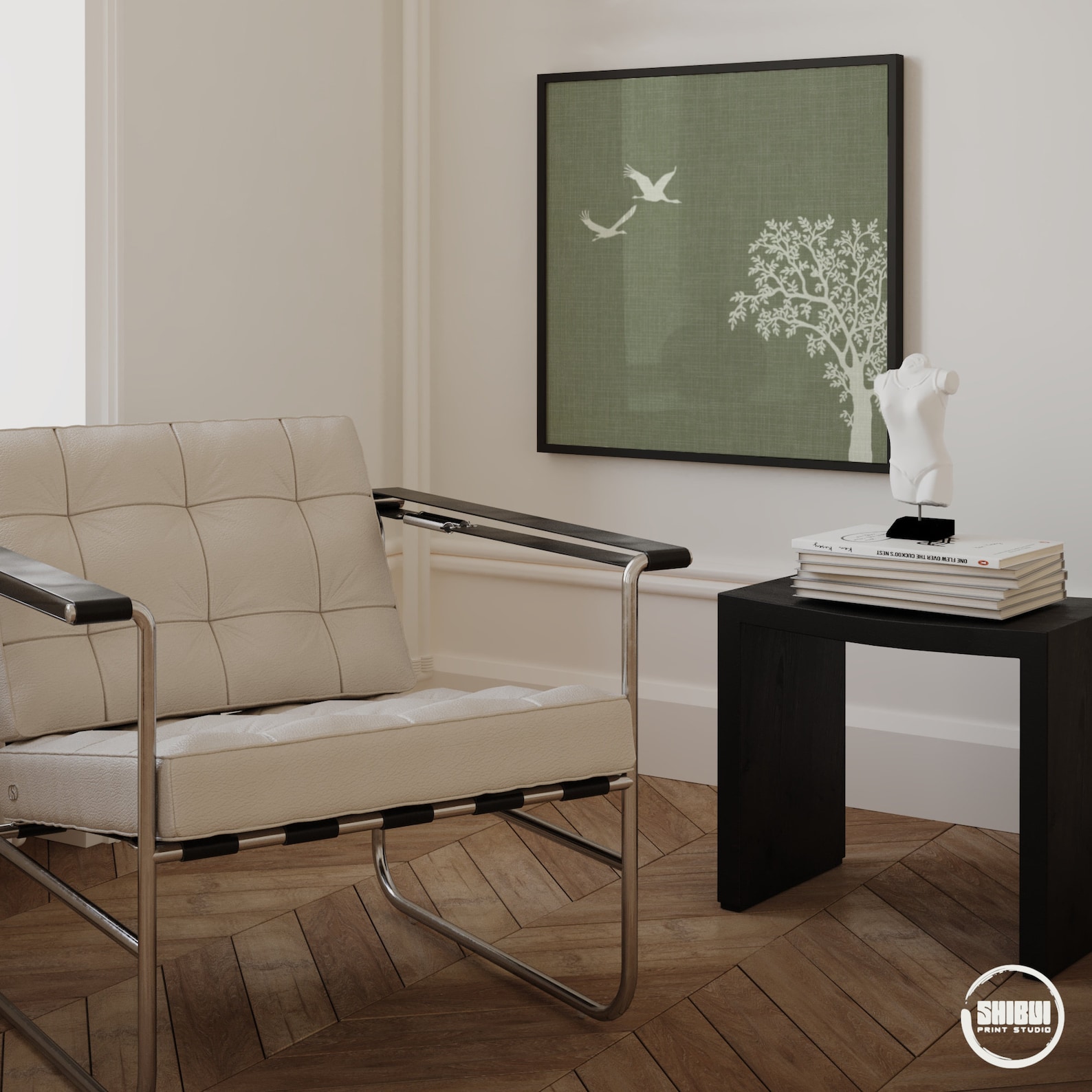 Calming Green Square Wall Art, Abstract Crane Birds Tree Linen Art ...