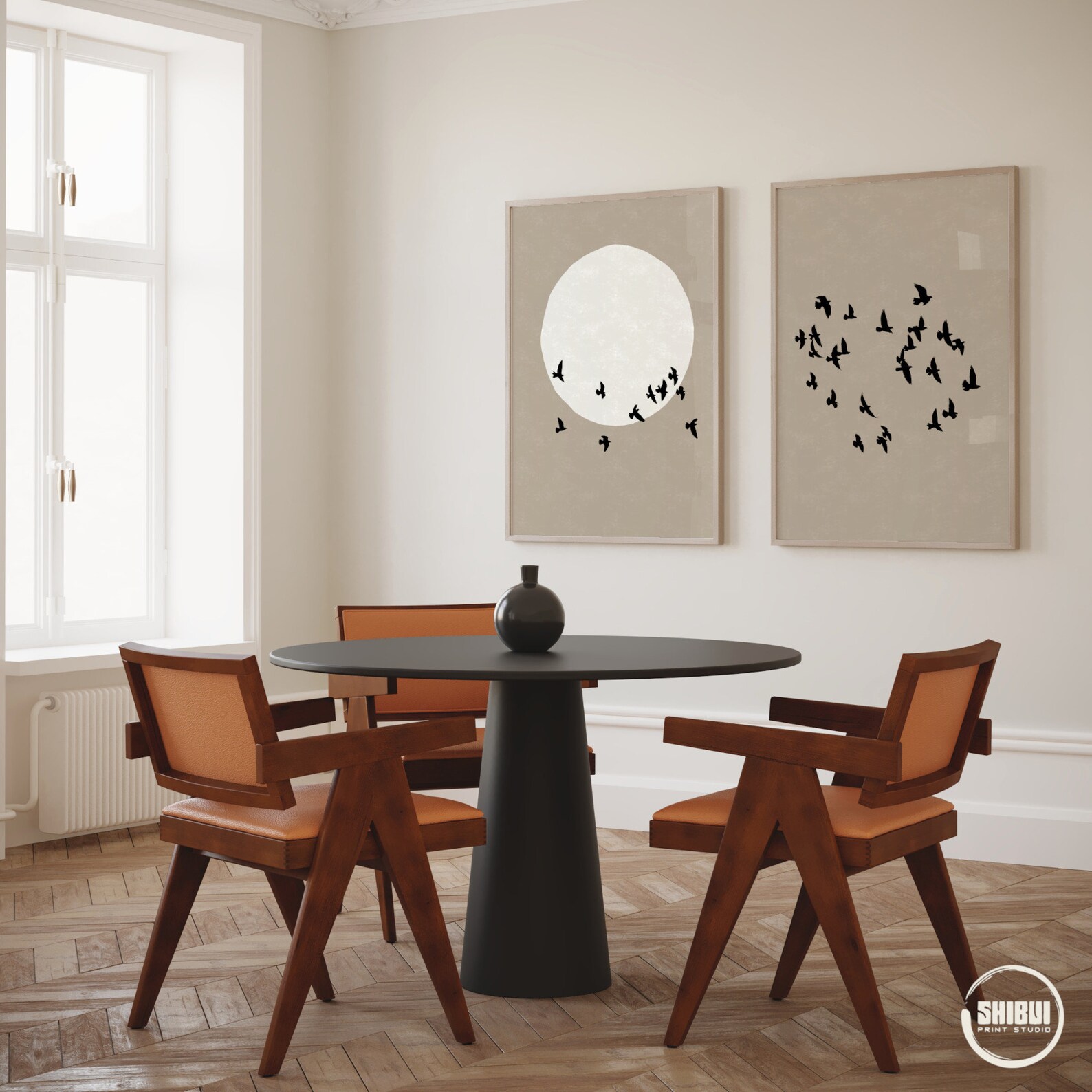 Neutral Poster Set of 2, Flock of Birds Sun Japandi Diptych Wall Art ...