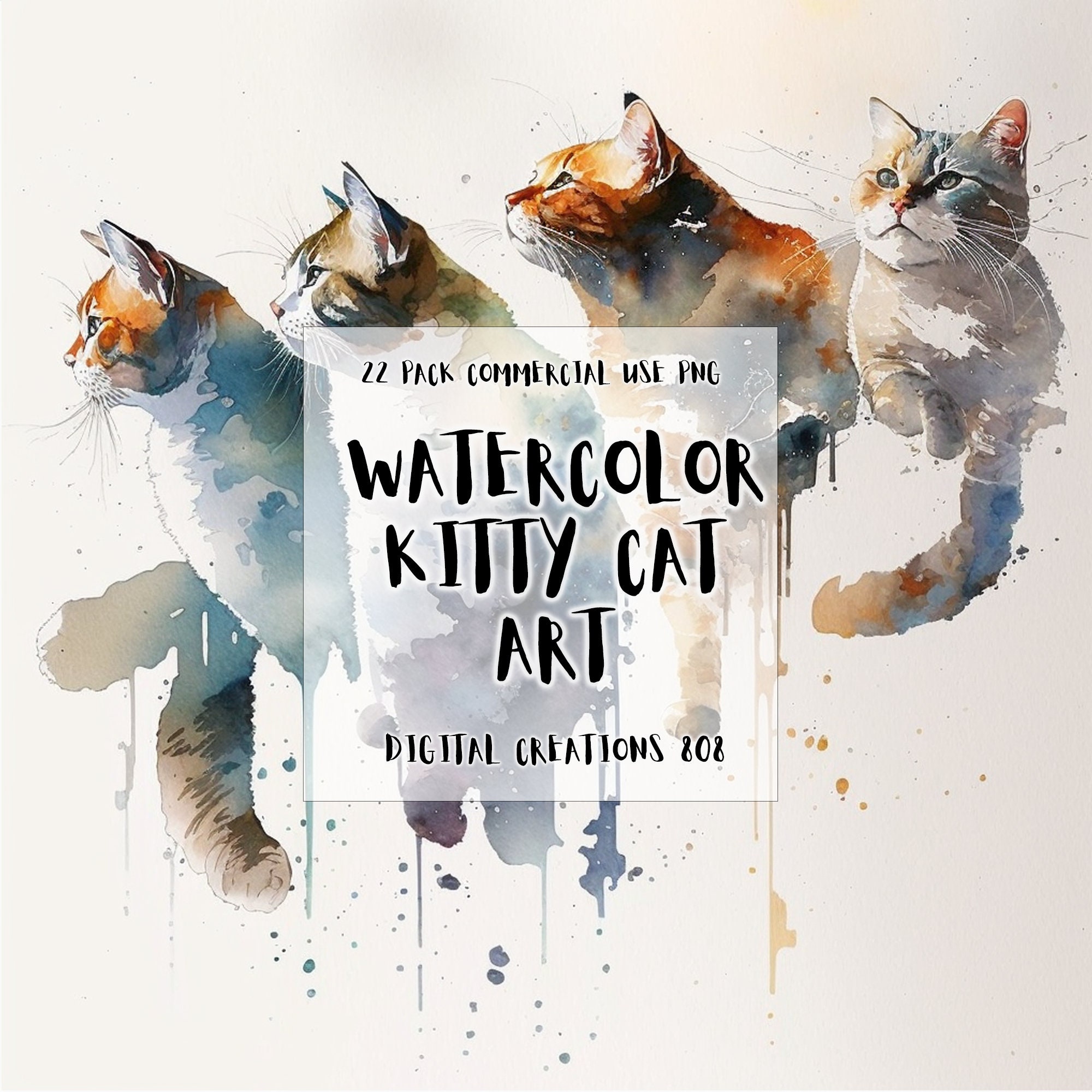 Watercolor Kitty Cat Clipart Watercolor Bright Colorful Cute Cuddly PNG ...