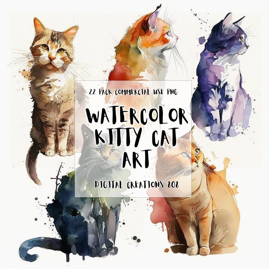 Watercolor Kitty Cat Clipart - Watercolor Bright Colorful Cute Cuddly ...