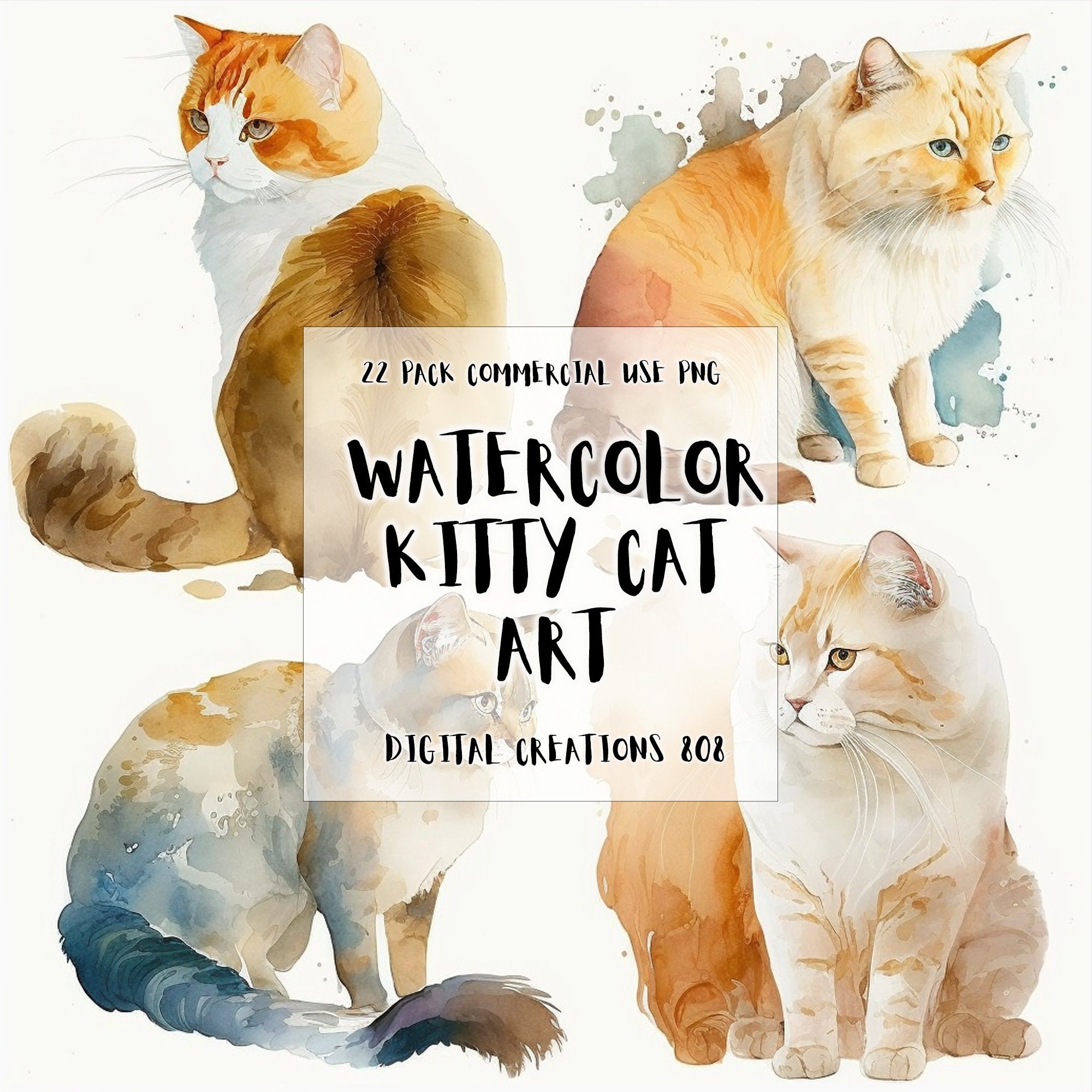 Watercolor Kitty Cat Clipart Watercolor Bright Colorful Cute Cuddly PNG ...