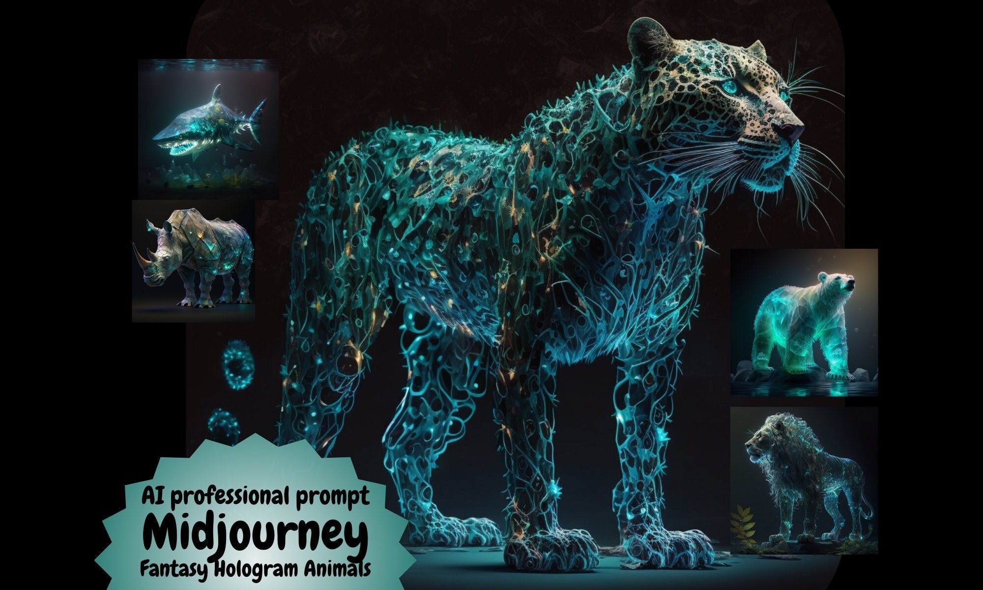 AI Art, Professional Midjourney Prompt for Fantasy Hologram Glowing Animals, Mystic, Commercial ...