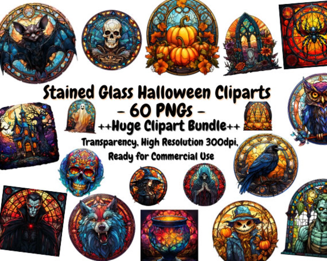 Trendy Stained Glass Halloween Cliparts Png-bundle Skull PNG Stained ...