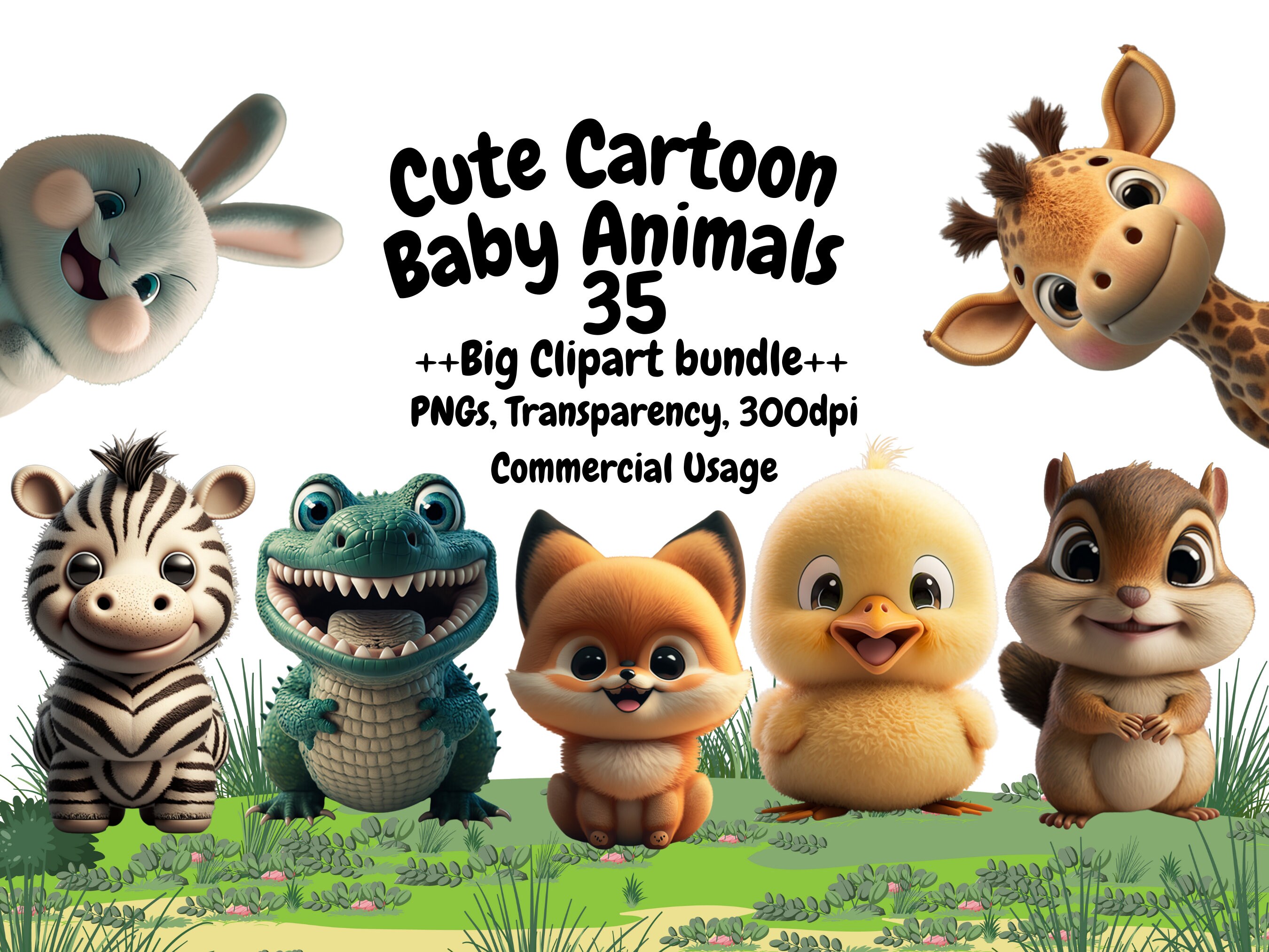 Cute Cartoon Animal Clipart Bundle, Baby Animals Pngs Commercial Use ...