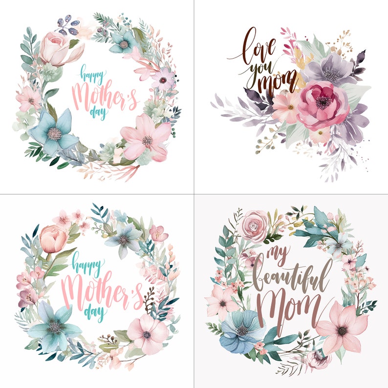 Mother's Day Clipart Hand Drawn Clip Art for Card Making Floral Wreath ...