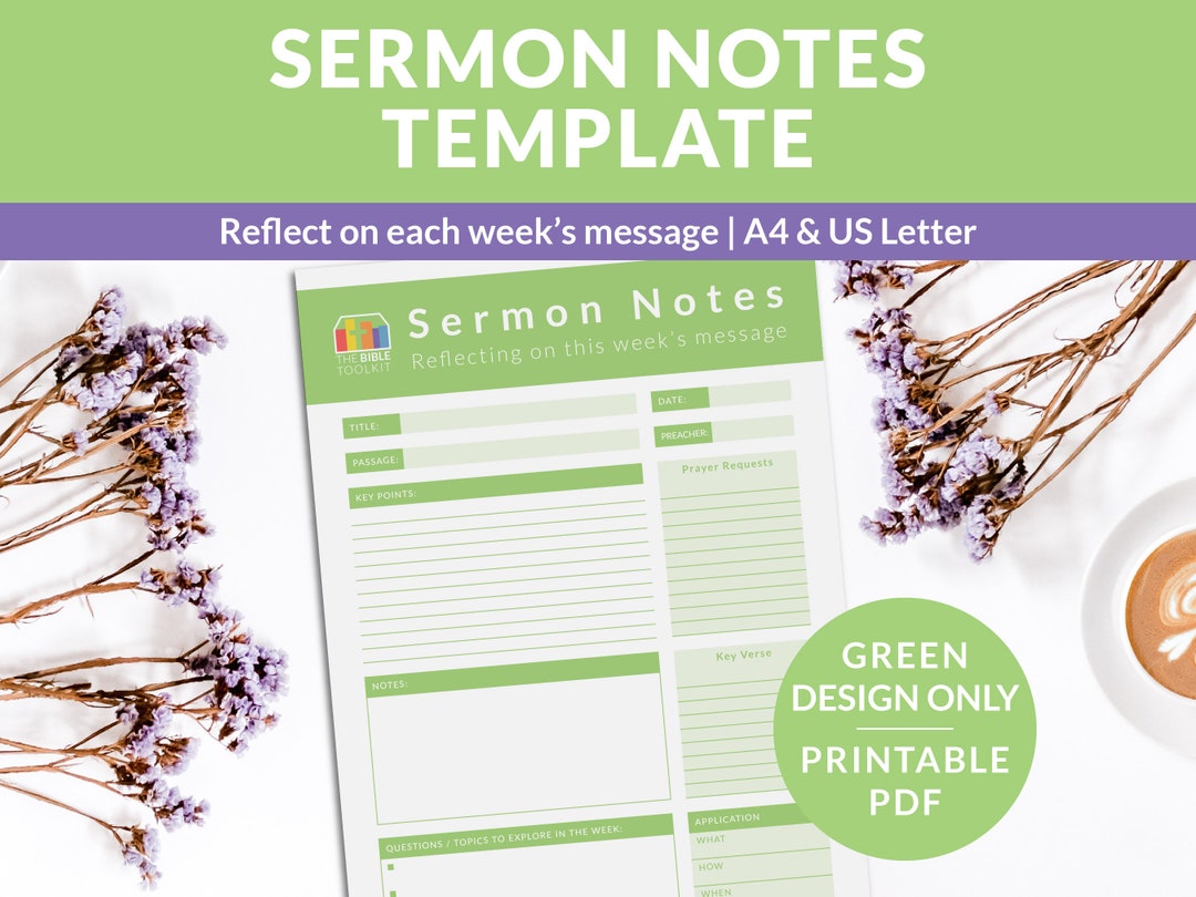 Green Sermon Notes Template Printable Scripture Writing Worksheet Bible ...