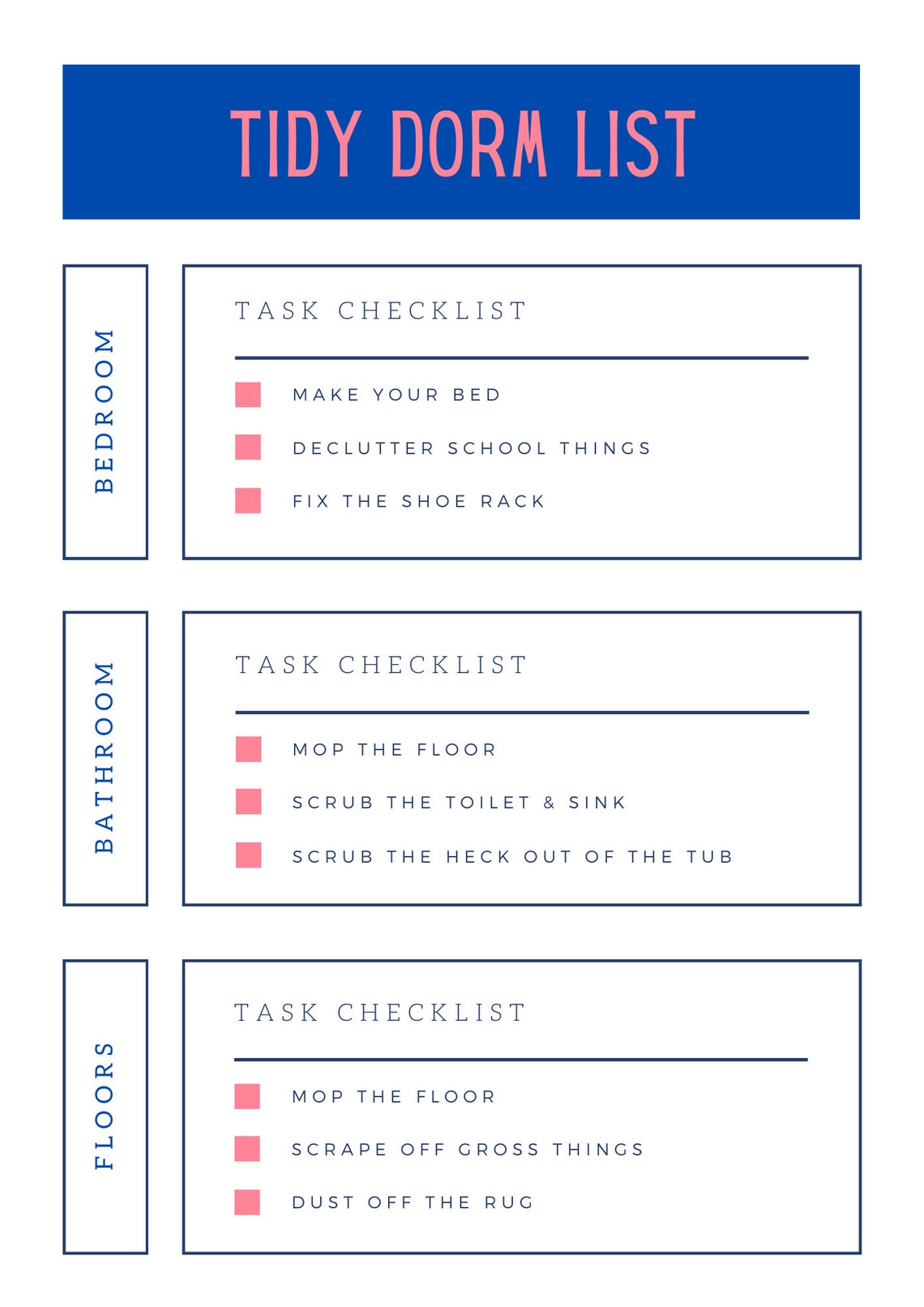 Tidy Dorm Room Check List - Etsy