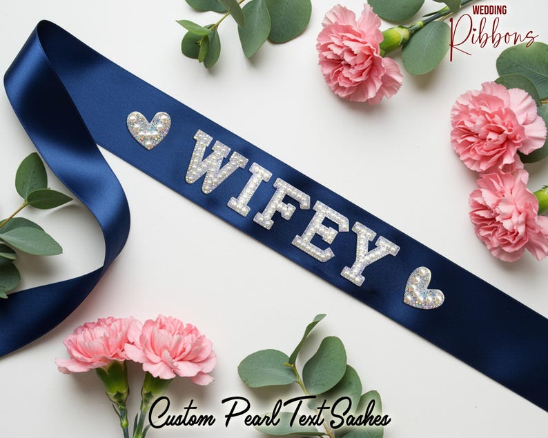 Blue Satin Bride Sash With Pearl Text & Hearts Custom Bachelorette ...