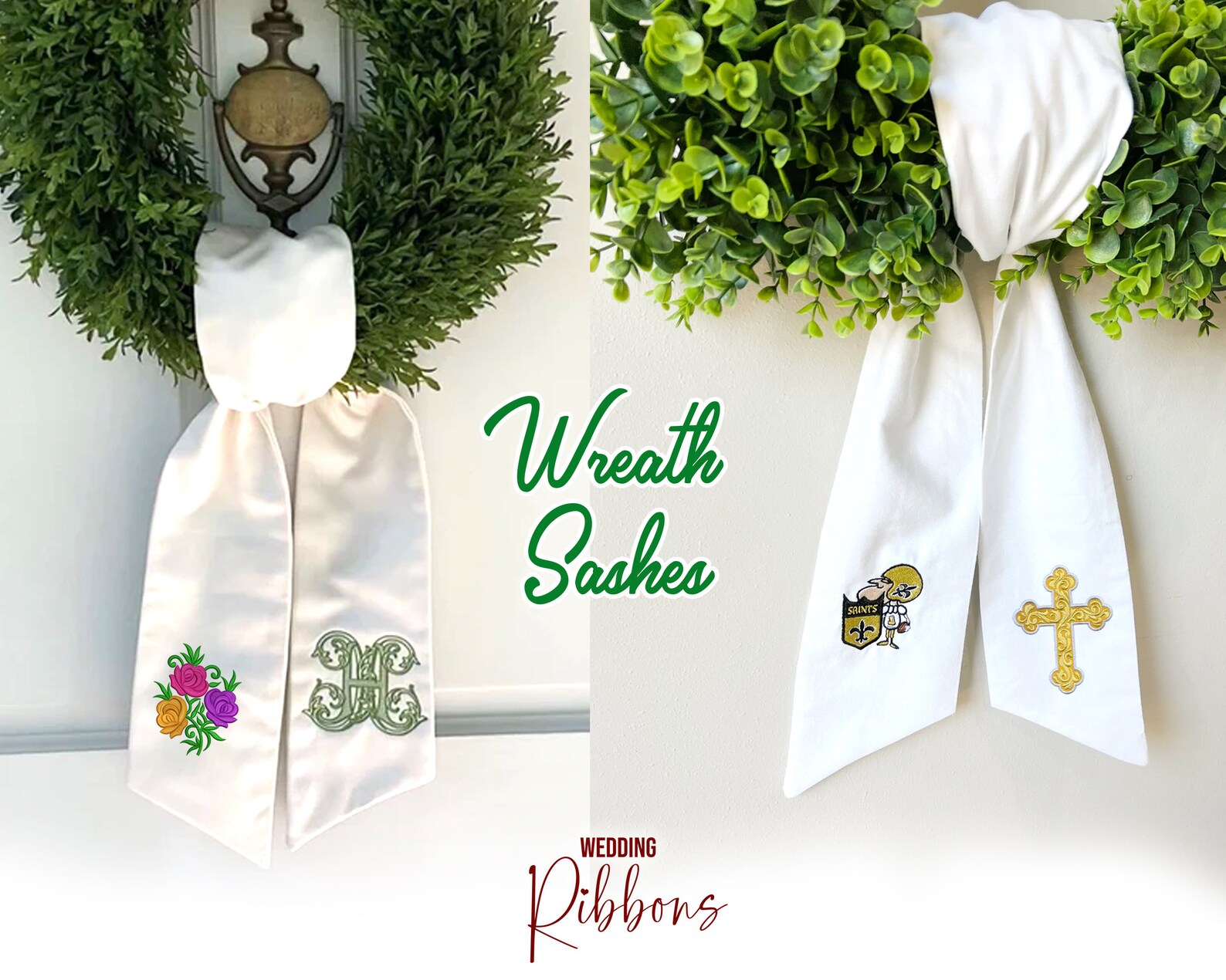 Christmas Wreath Sash, Boxwood Wreath Sash, Embroidered Sash, Door ...