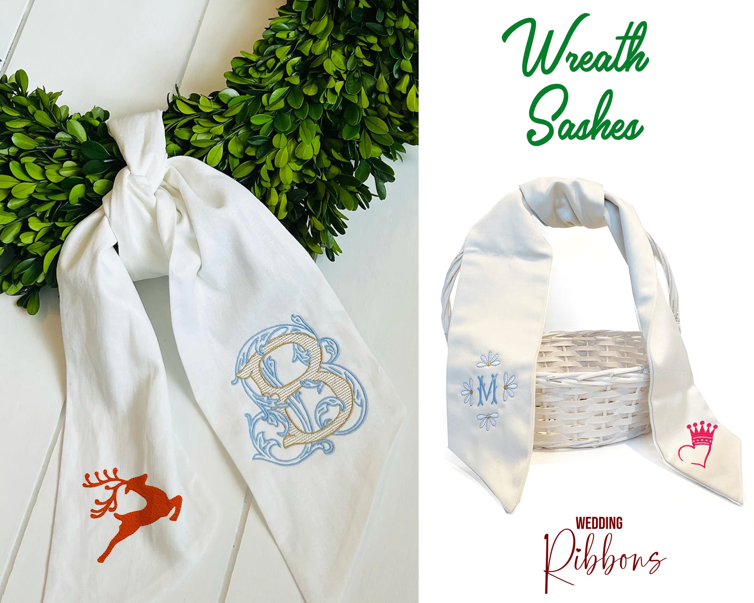 Christmas Wreath Sash, Boxwood Wreath Sash, Embroidered Sash, Door ...