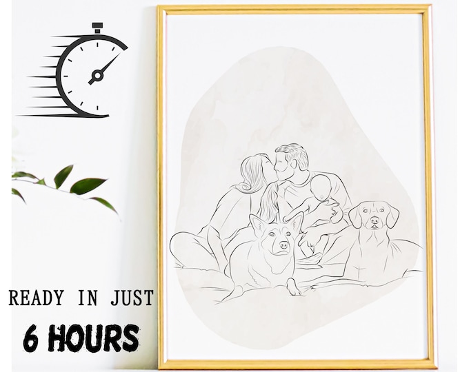 Family and Dog Line Art, Custom Family Portrait, Pet Portrait, Dog ...
