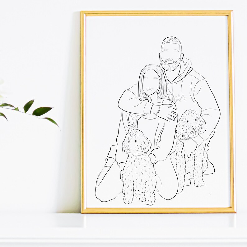 Couple and Dog Line Art, Family and Dog Line Art, Custom Dog Portrait ...