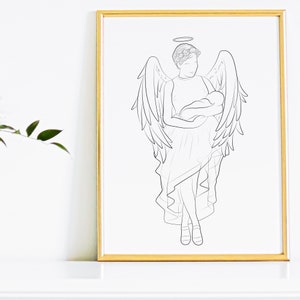 Personalized Memorial Portrait, Angel Wings, Custom Memorial Line Art ...