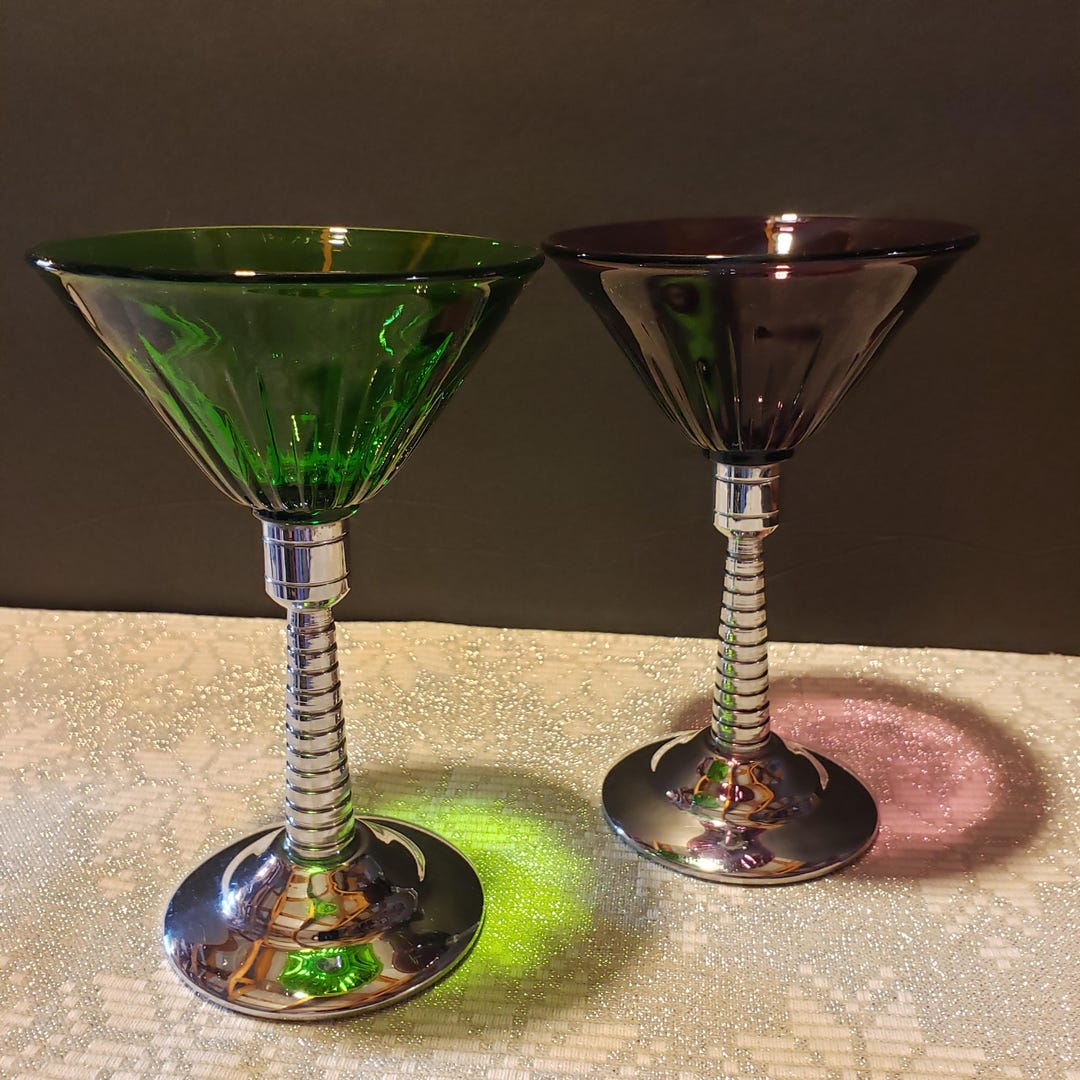 Vintage MCM Colored Glass and Chrome Martini Glasses Set of 2 - Etsy