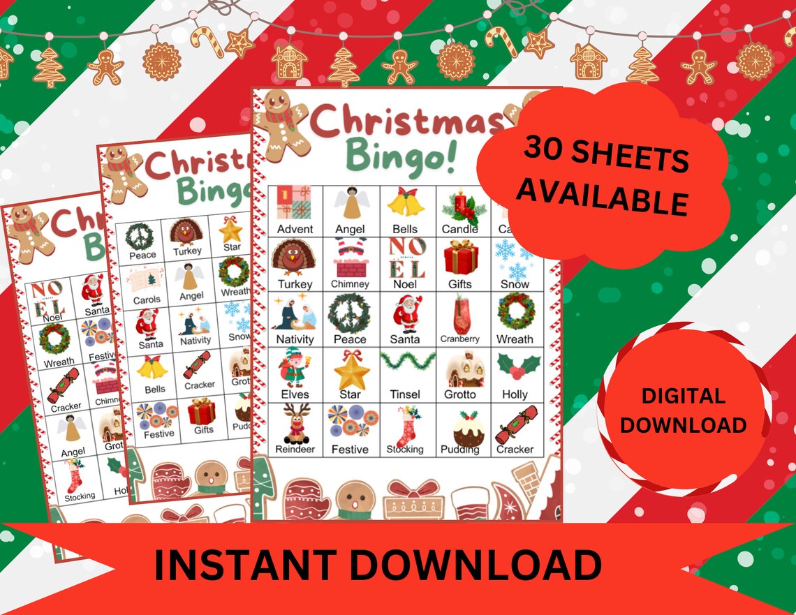 Christmas Bingo, 30 Printable Bingo Cards, Christmas Picture Bingo ...