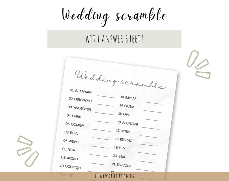 Wedding Scramble Game With Answer Sheet Printable | Bridal Shower Word ...