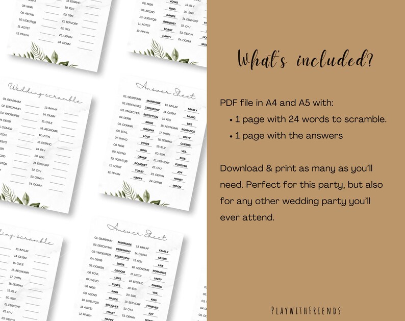 Wedding Scramble Game With Answer Sheet Printable | Bridal Shower Word ...