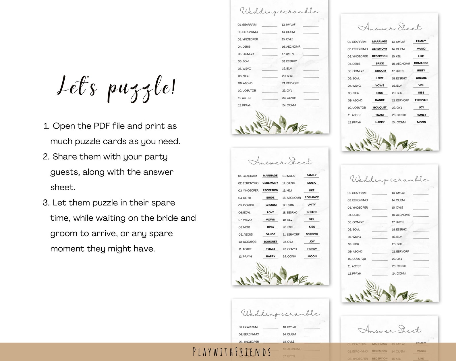 Wedding Scramble Game With Answer Sheet Printable | Bridal Shower Word ...