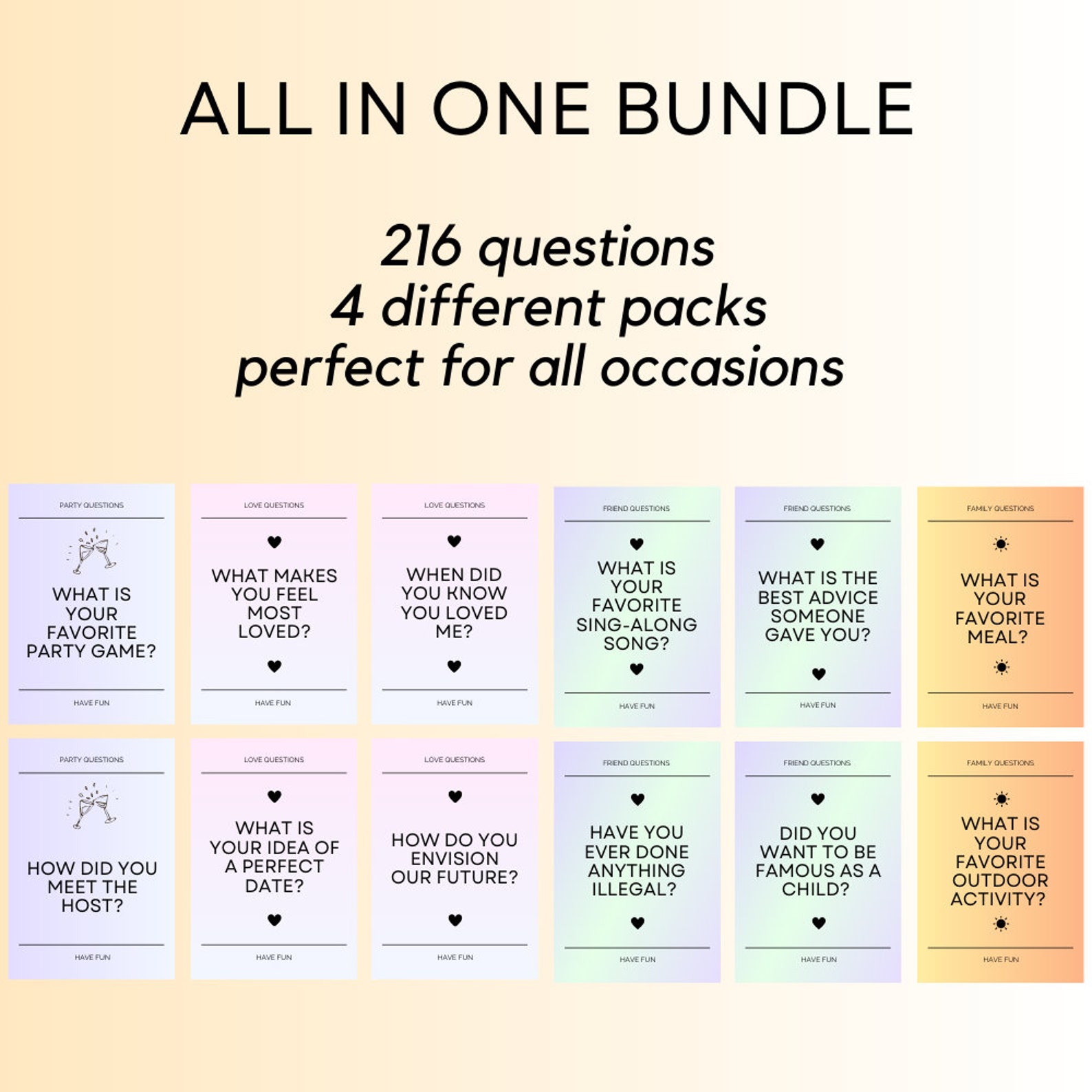 Conversation Cards Bundle: Party, Love, Friends and Family Questions ...