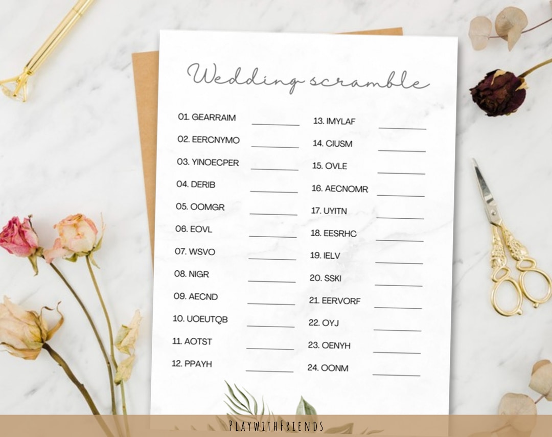 Wedding Scramble Game With Answer Sheet Printable | Bridal Shower Word ...