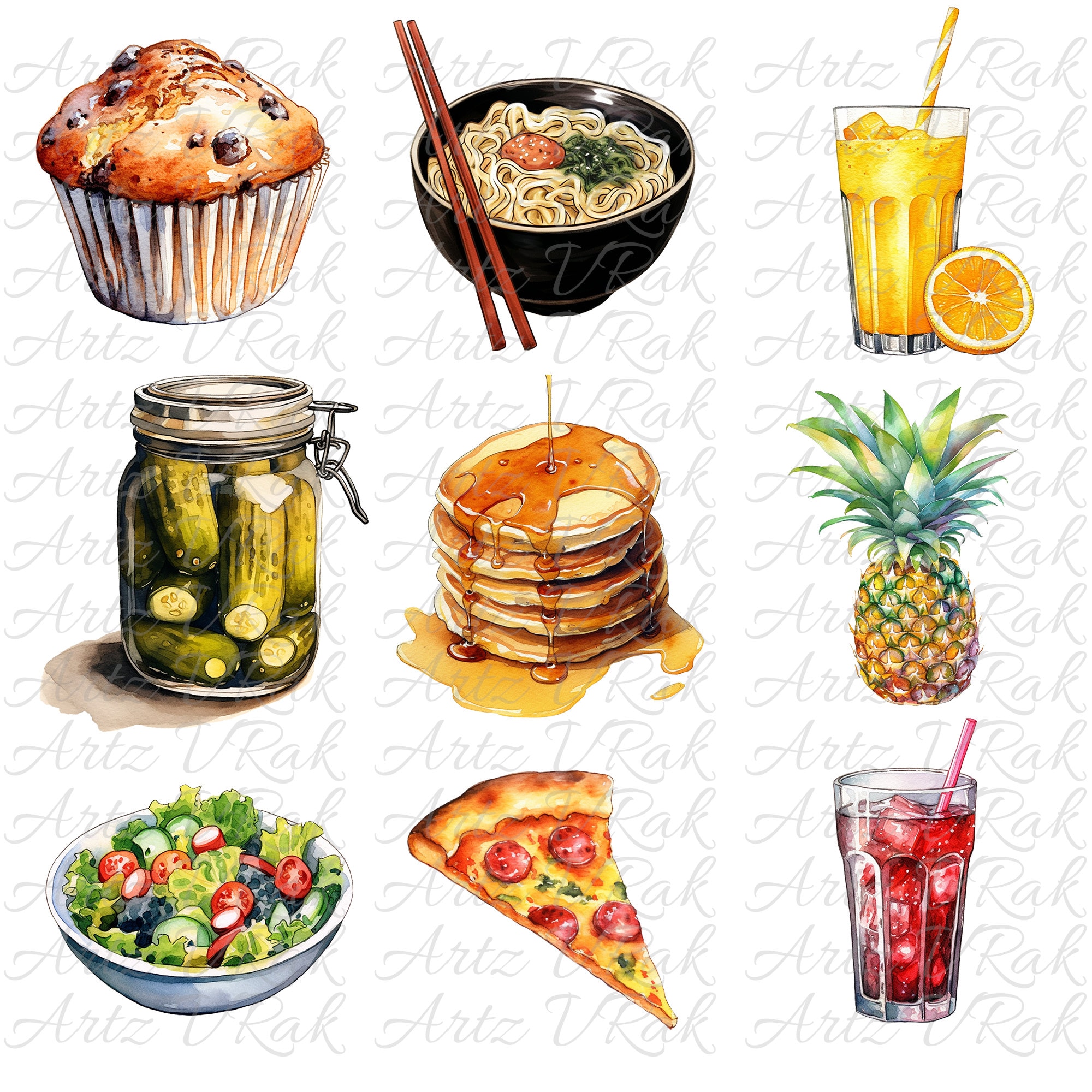 Watercolor Food and Drinks Clipart - Fast Food - Fruits - Drinks - Ice ...