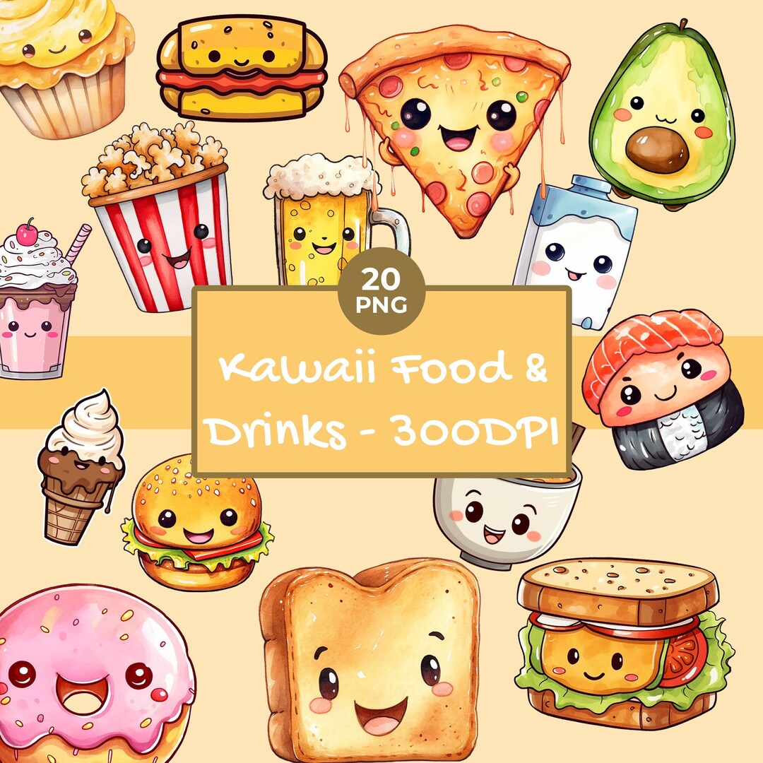 Watercolor Kawaii Food and Drinks Clipart - Cute Food and Drinks ...