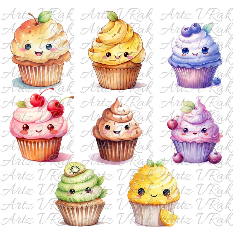 Watercolor Kawaii Cupcakes Clipart - Watercolor Cute Cupcakes Clipart ...