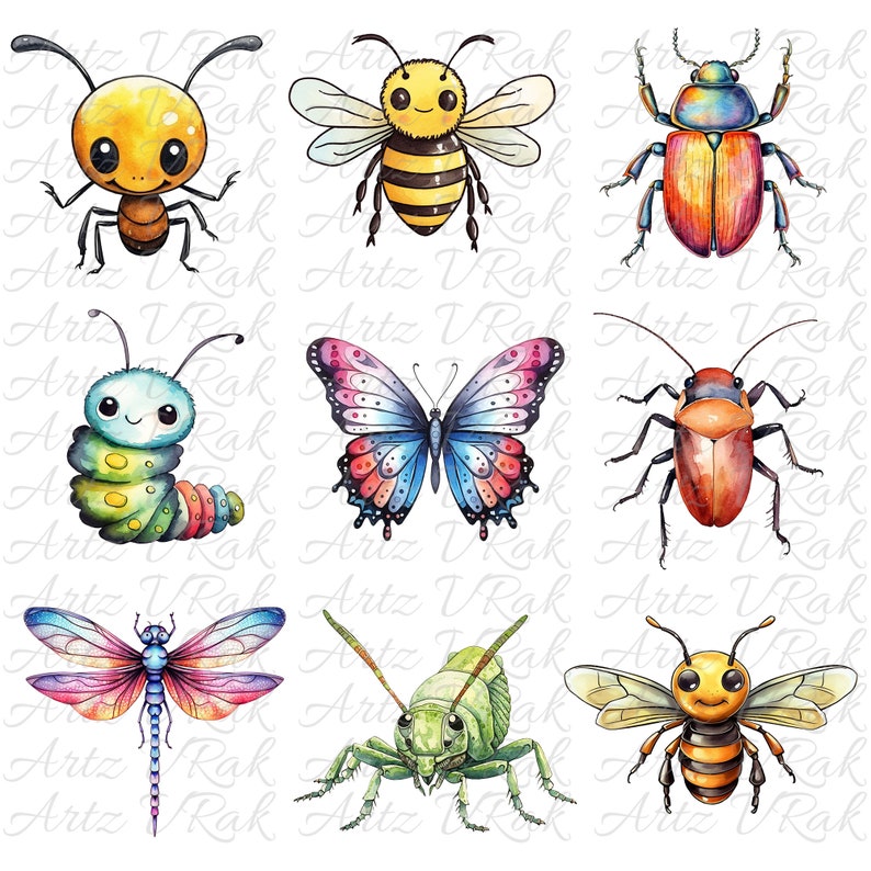 Watercolor Kawaii Insects Clipart - Cute Insects - Instant Download ...