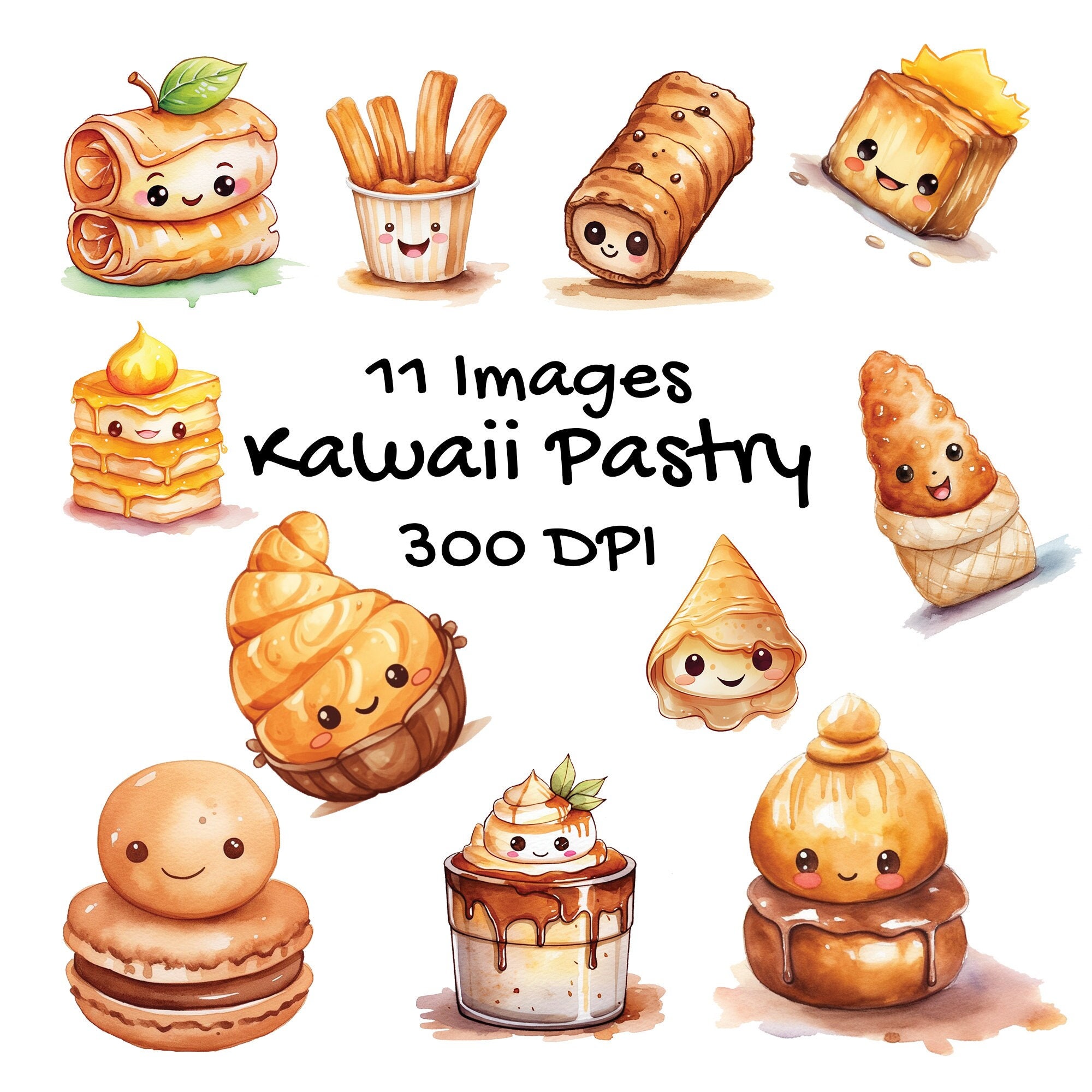 Watercolor Kawaii Pastry Clipart: Croissant, Tiramisu (instant Download ...