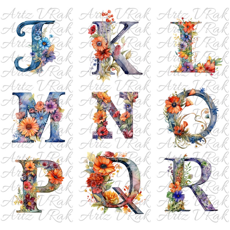 Watercolor Floral Alphabet Clipart - Floral Alphabet - Flowers Alphabet ...