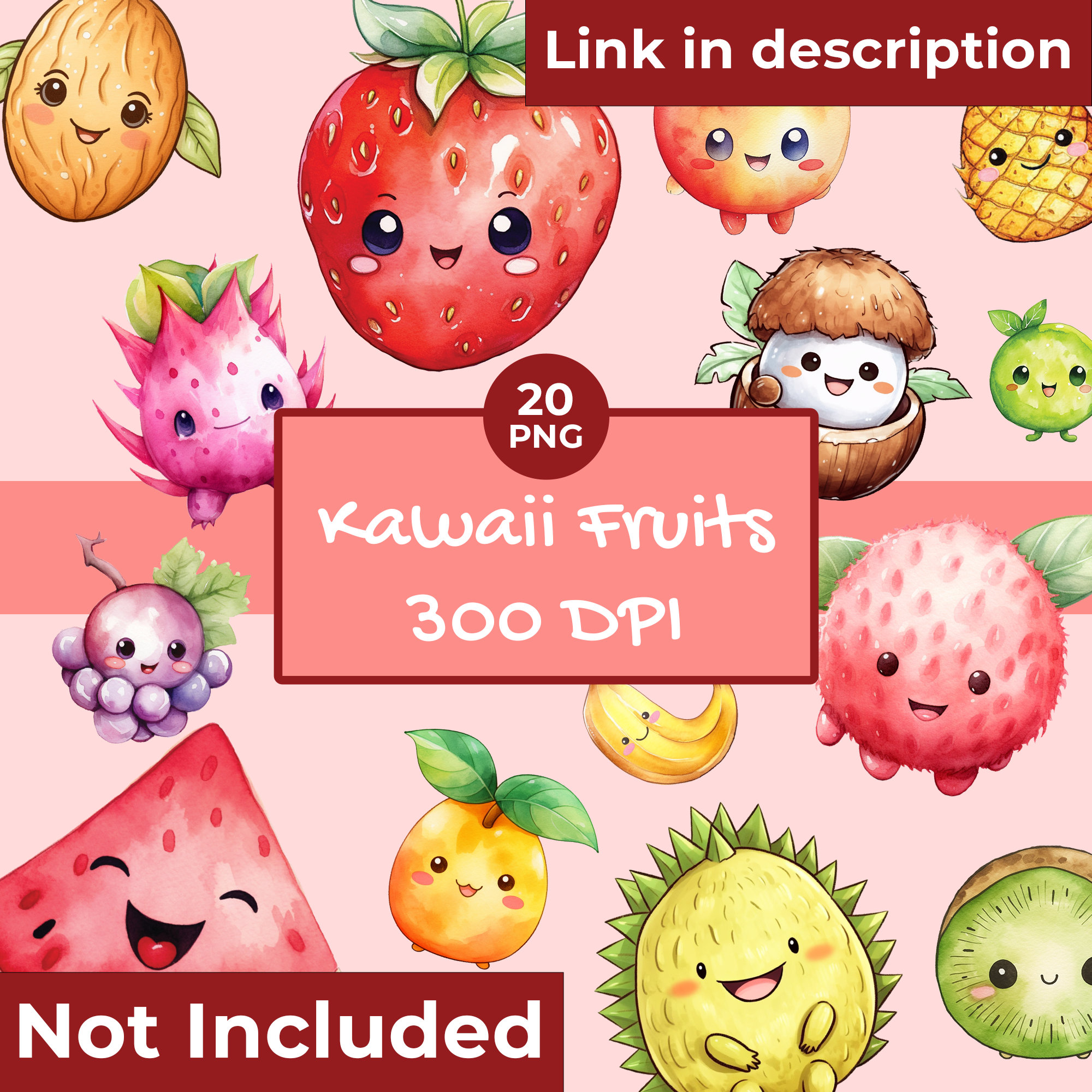 Watercolor Kawaii Fruit Clipart, Kawaii Summer Fruit Clipart - Instant ...