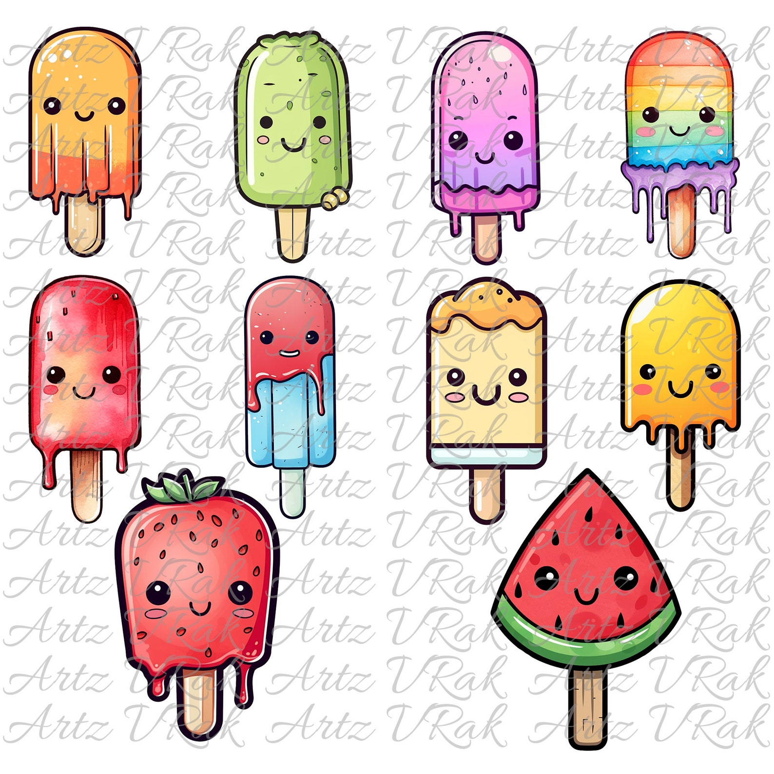Watercolor Kawaii Popsicle Clipart - Cute Popsicle Clipart - Perfect to ...