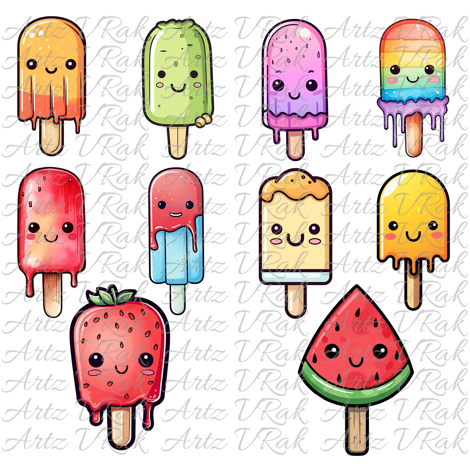 Watercolor Kawaii Popsicle Clipart - Cute Popsicle Clipart - Perfect to ...