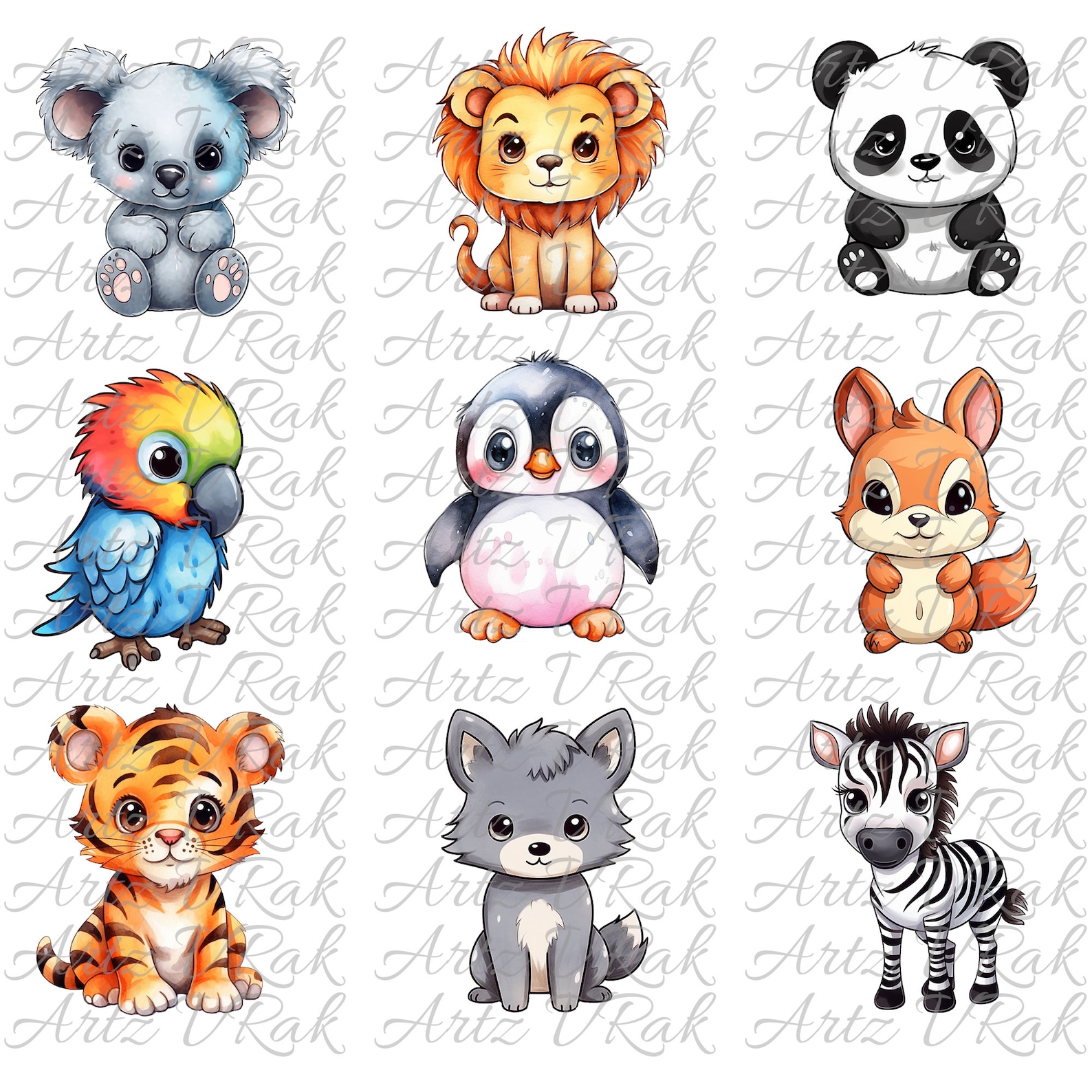 Watercolor Kawaii Animals Clipart Bundle Cute Animals Lion - Etsy