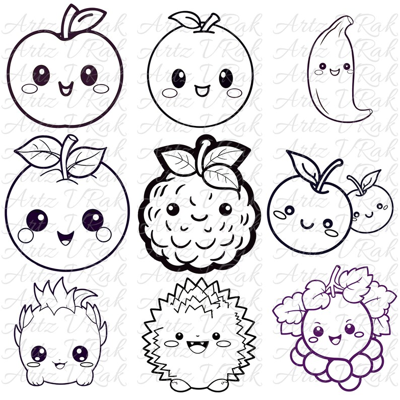 Clipart Coloring Page Kawaii Fruits - Clipart Cute Fruits Black & White ...