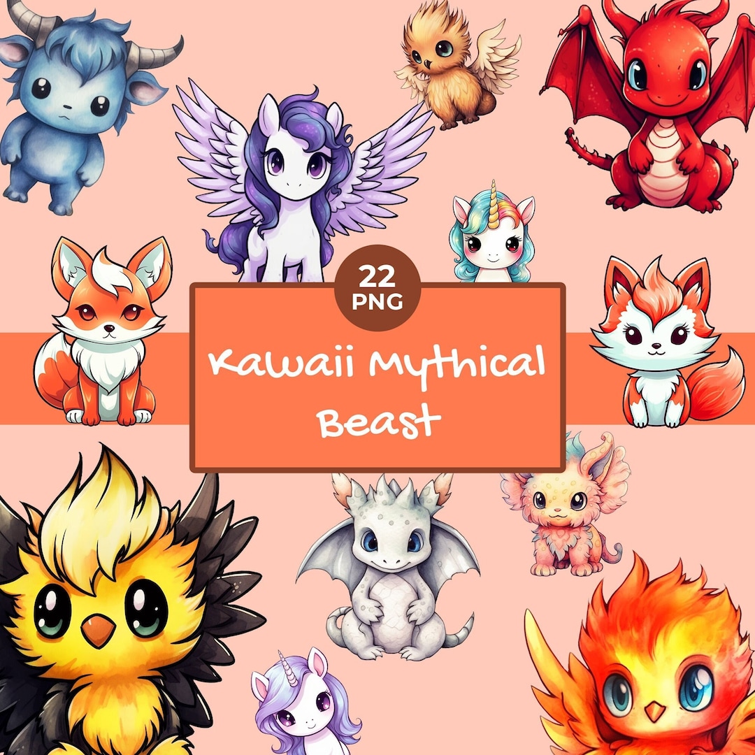 Kawaii Mythical Beast Clipart: Watercolor Dragon, Unicorn, Griffin (PNG ...