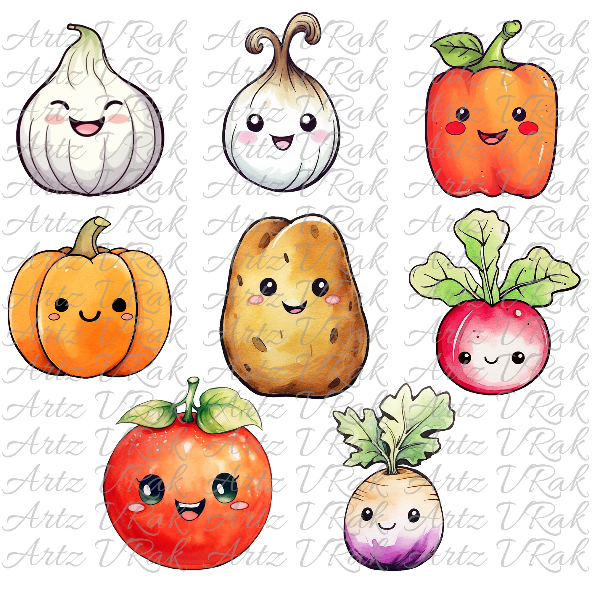 Bundle Watercolor Kawaii Fruit Clipart - Bundle Fruits & Vegetables ...