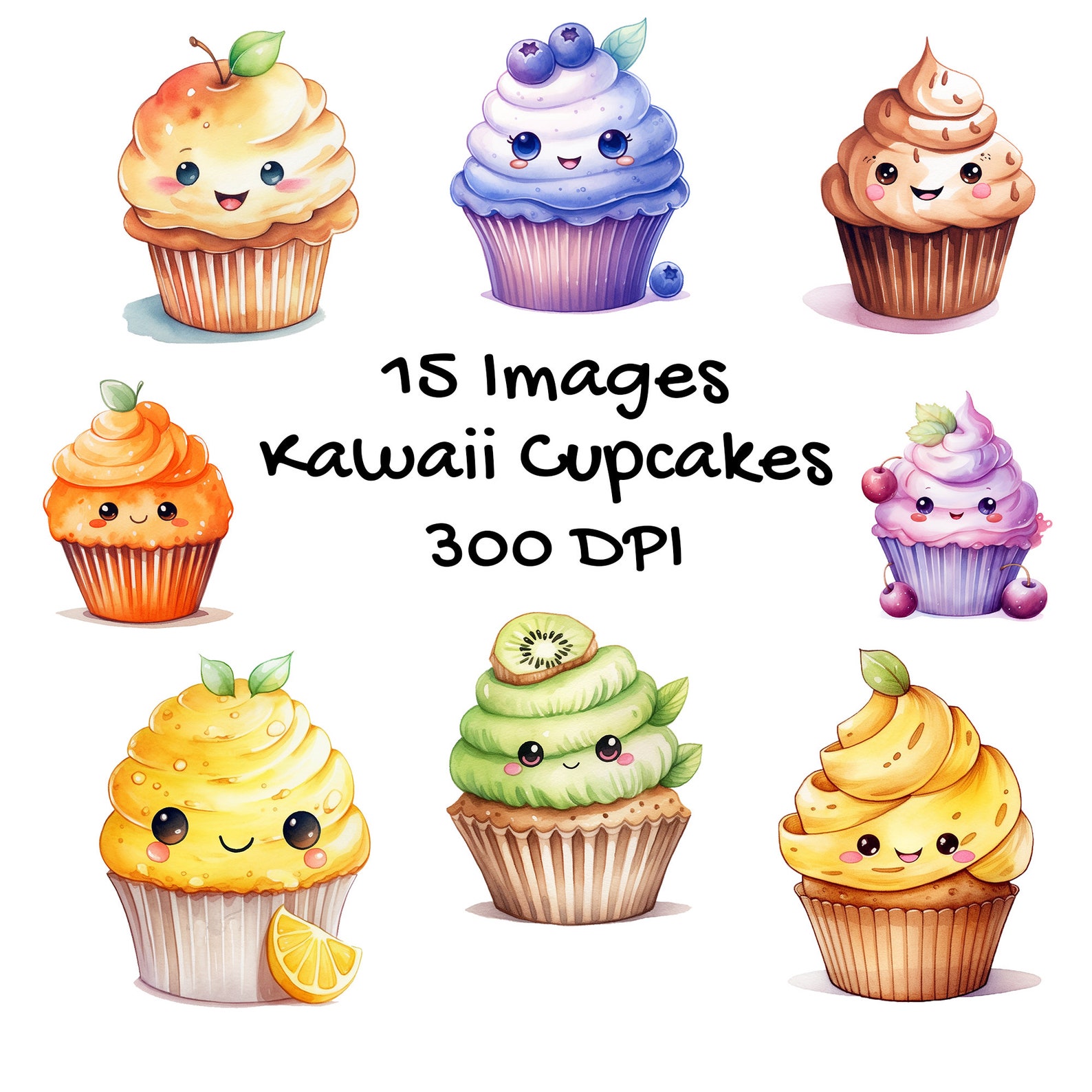 Watercolor Kawaii Cupcakes Clipart - Watercolor Cute Cupcakes Clipart ...