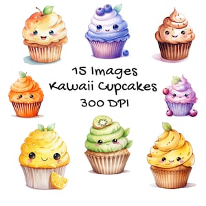 Watercolor Kawaii Cupcakes Clipart - Watercolor Cute Cupcakes Clipart ...