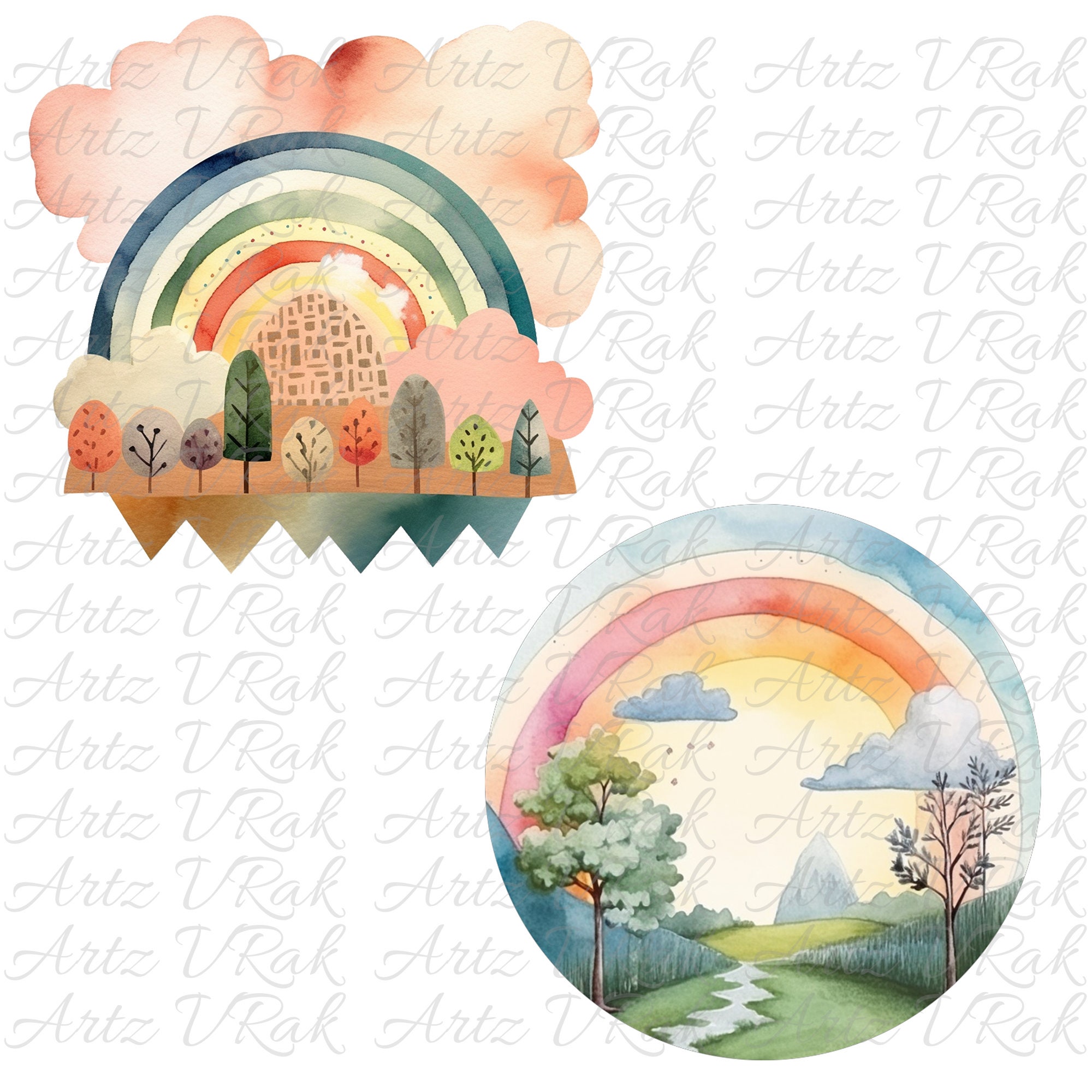 Watercolor Boho Rainbows Clipart - Boho Sun & Cloud Clipart - Pastel ...